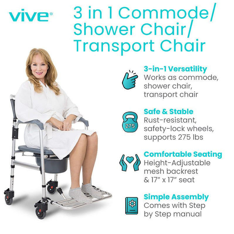 Shower Commode Transport Wheelchair - 3 in 1 — Vive Health