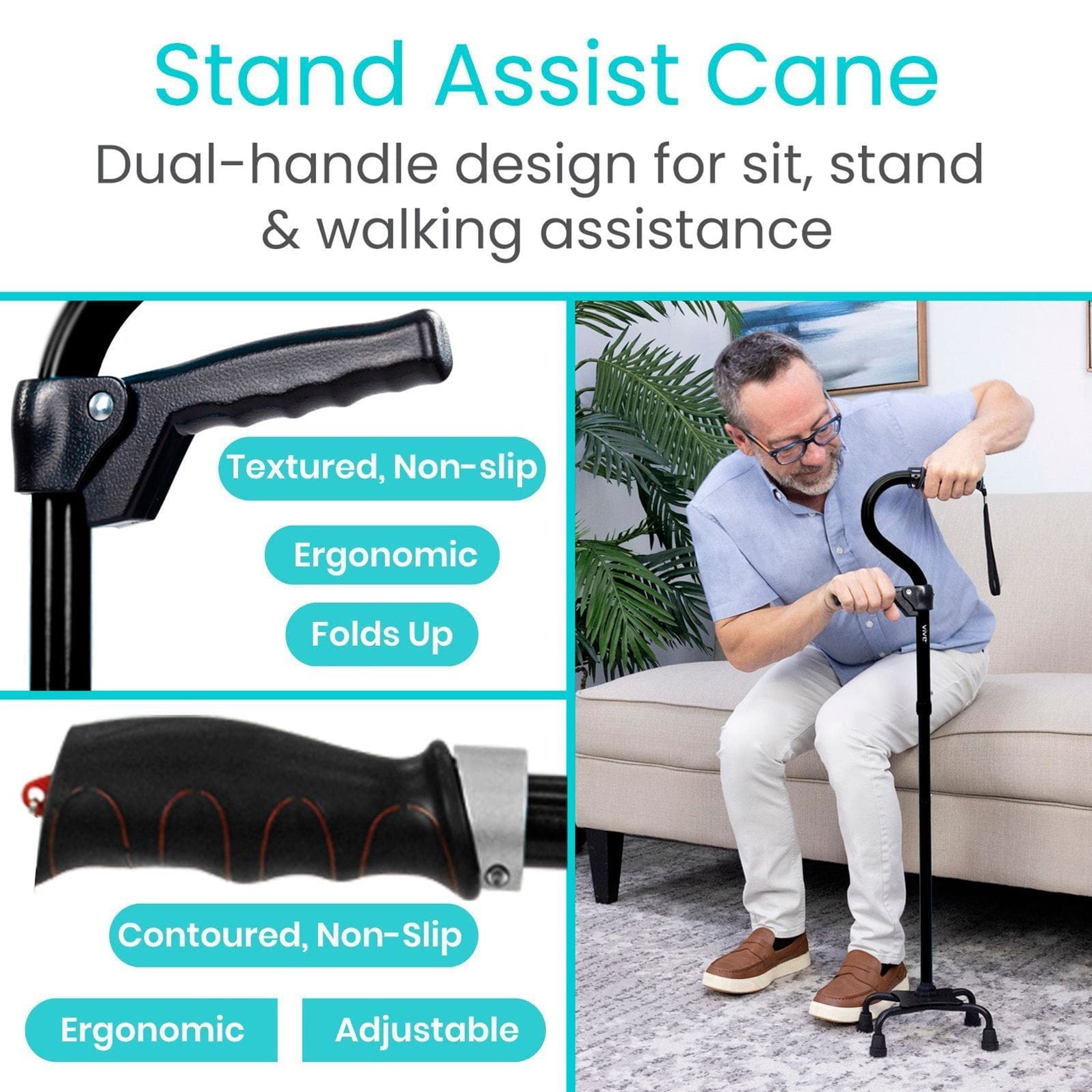 Stand Assist Cane - Quad Cane with Stand Assist Handle — Vive Health